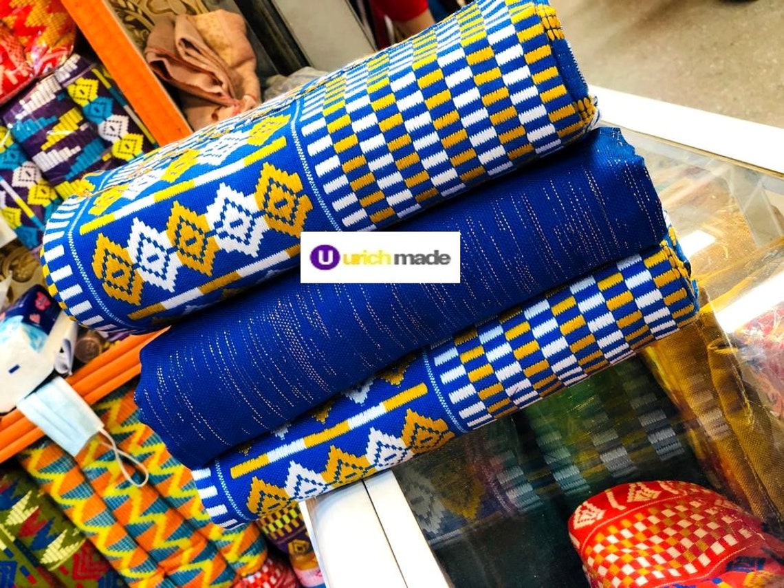 Blue Gold and White Authentic Handwoven Kente Fabric and | Etsy