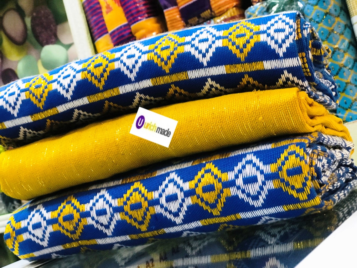 Blue Gold and White Kente Handwoven Kente Fabric/kente Cloth - Etsy
