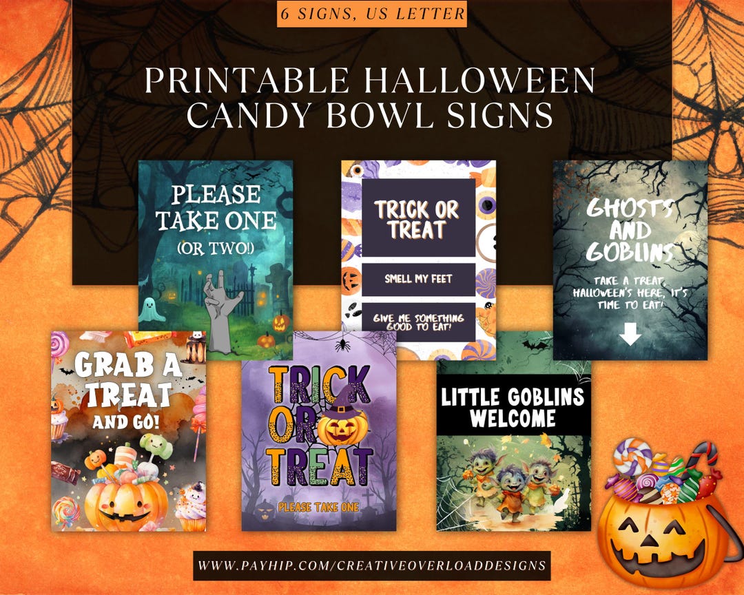 Printable Halloween Candy Bowl Signs for Trick-or-treaters. 6-pack ...