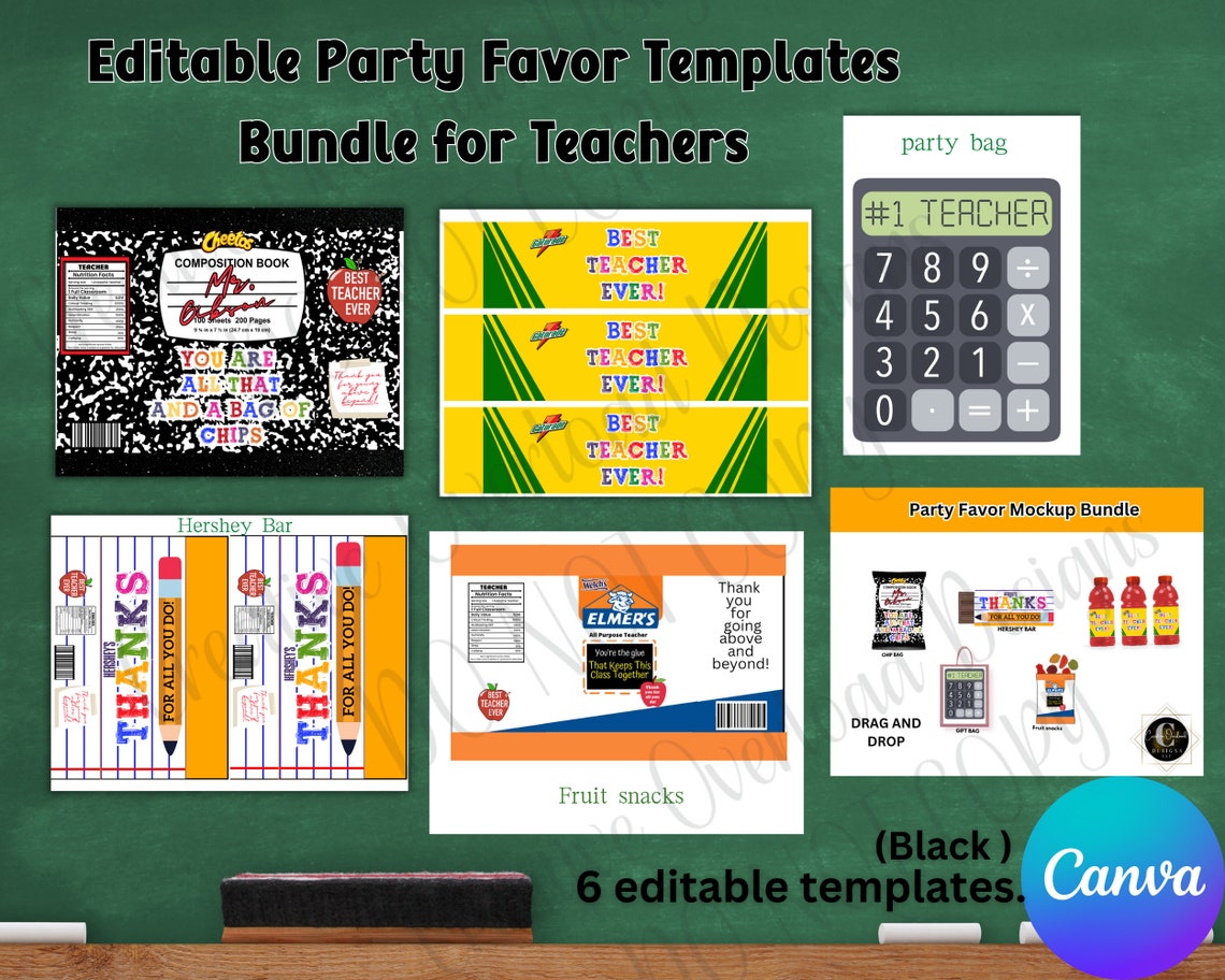 Teacher Designs Editable Party Favor Templates. Black Bundle - Etsy