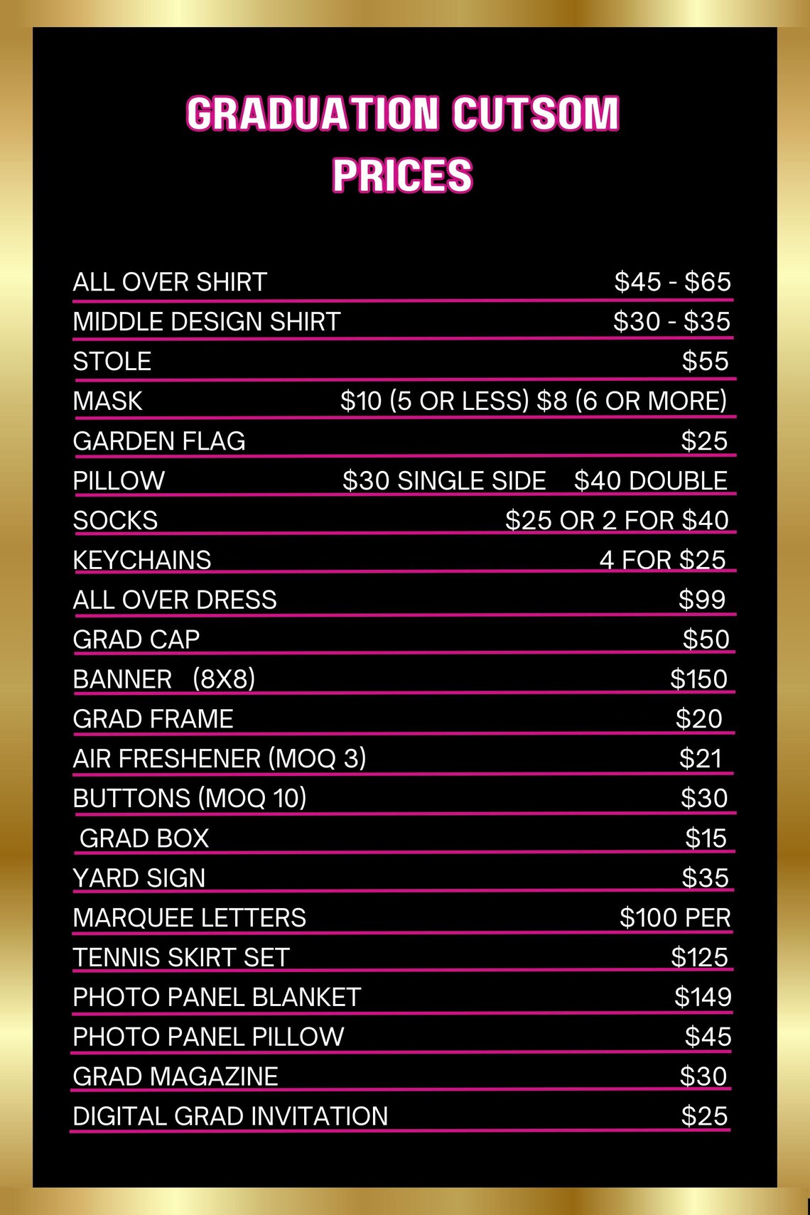 Graduation Products Pricing Template - Etsy