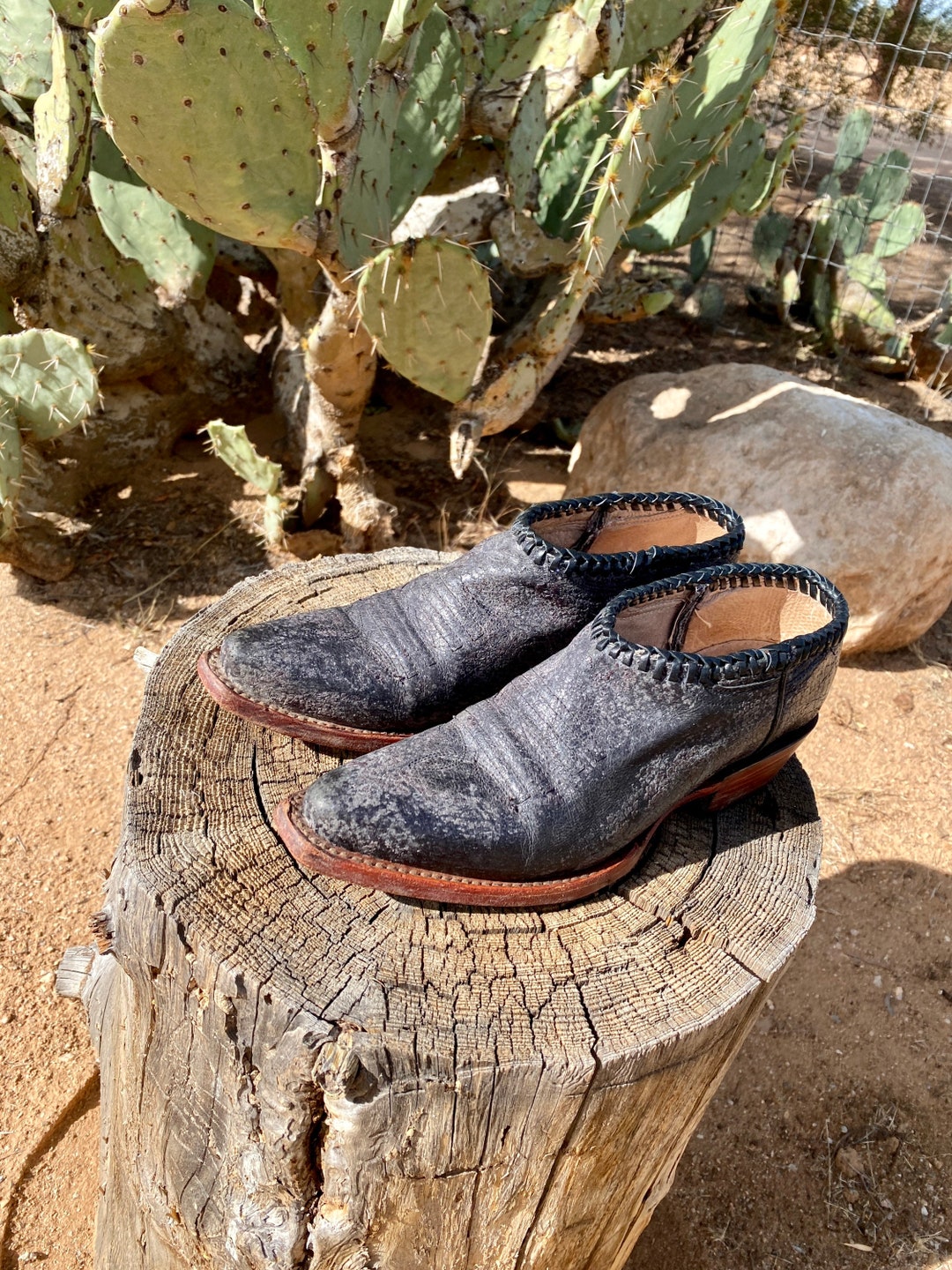 Distressed Black Leather Cowboy Booties Size 6-6 1/2, With Double Loop ...