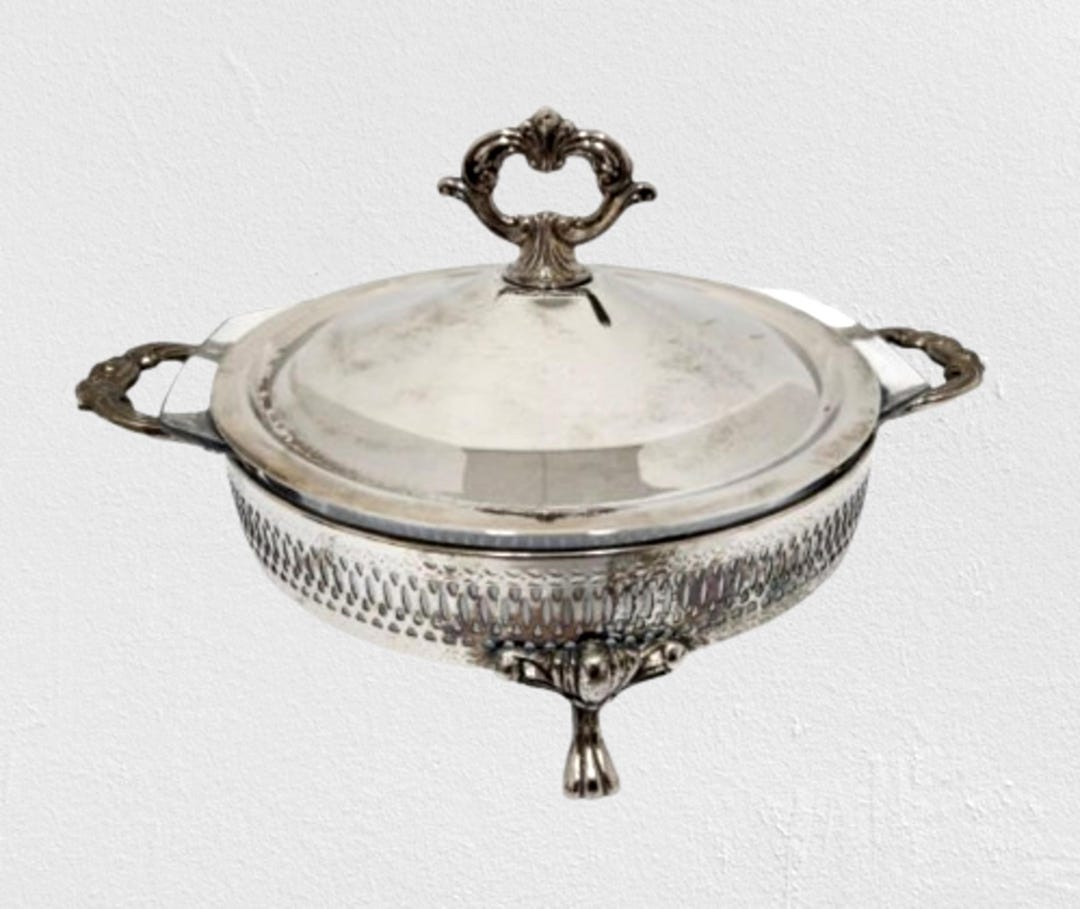 Vintage Silver Serving Bowl With Glass Insert, Footed With Handles and ...