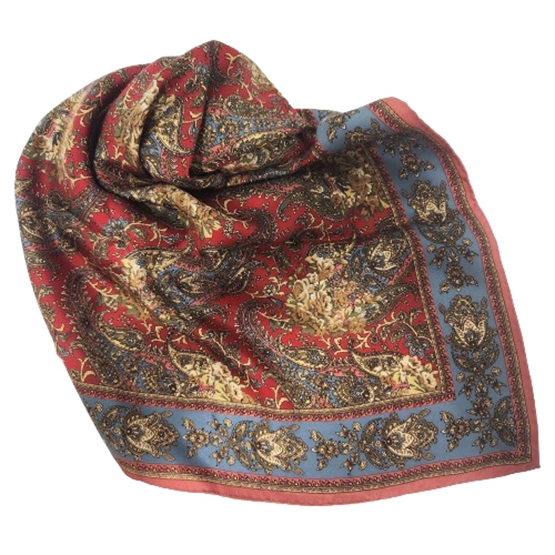 35 Square Red Blue and Gold Silk Scarf, Light Red With Pale Blue Edging ...