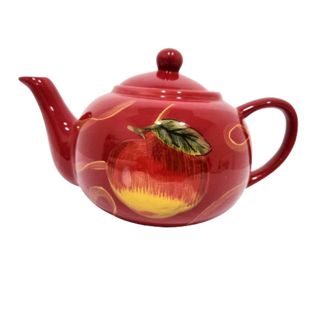 The Pottery District Red Ceramic Teapot, Round Red Teapot, Apple Fruit ...