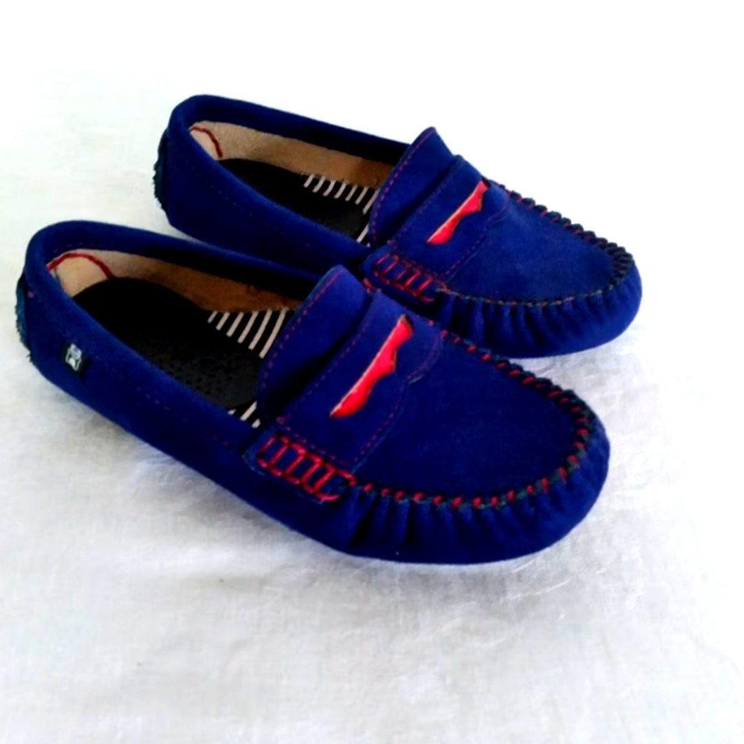 Kids Navy Blue Moccasins With Red Trim and Rubber Soles, 7" Long ...