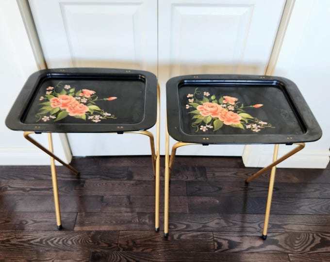 Set of 2. TV Trays, Foldable, Clip on Tops, Black With Bright Florals ...