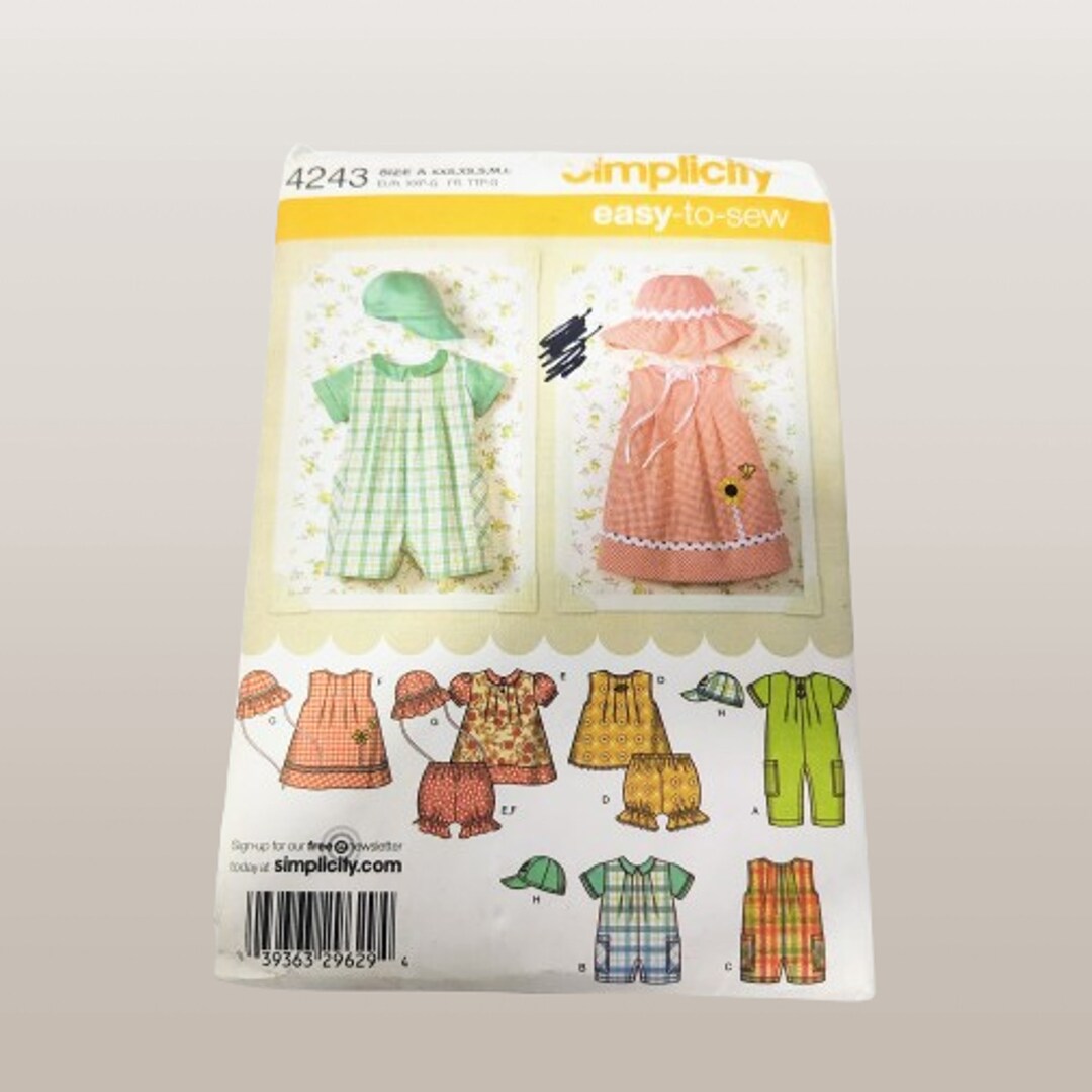 Simplicity 4243 Sewing Pattern, Girls and Boys Baby Rompers, Hat, Dress ...