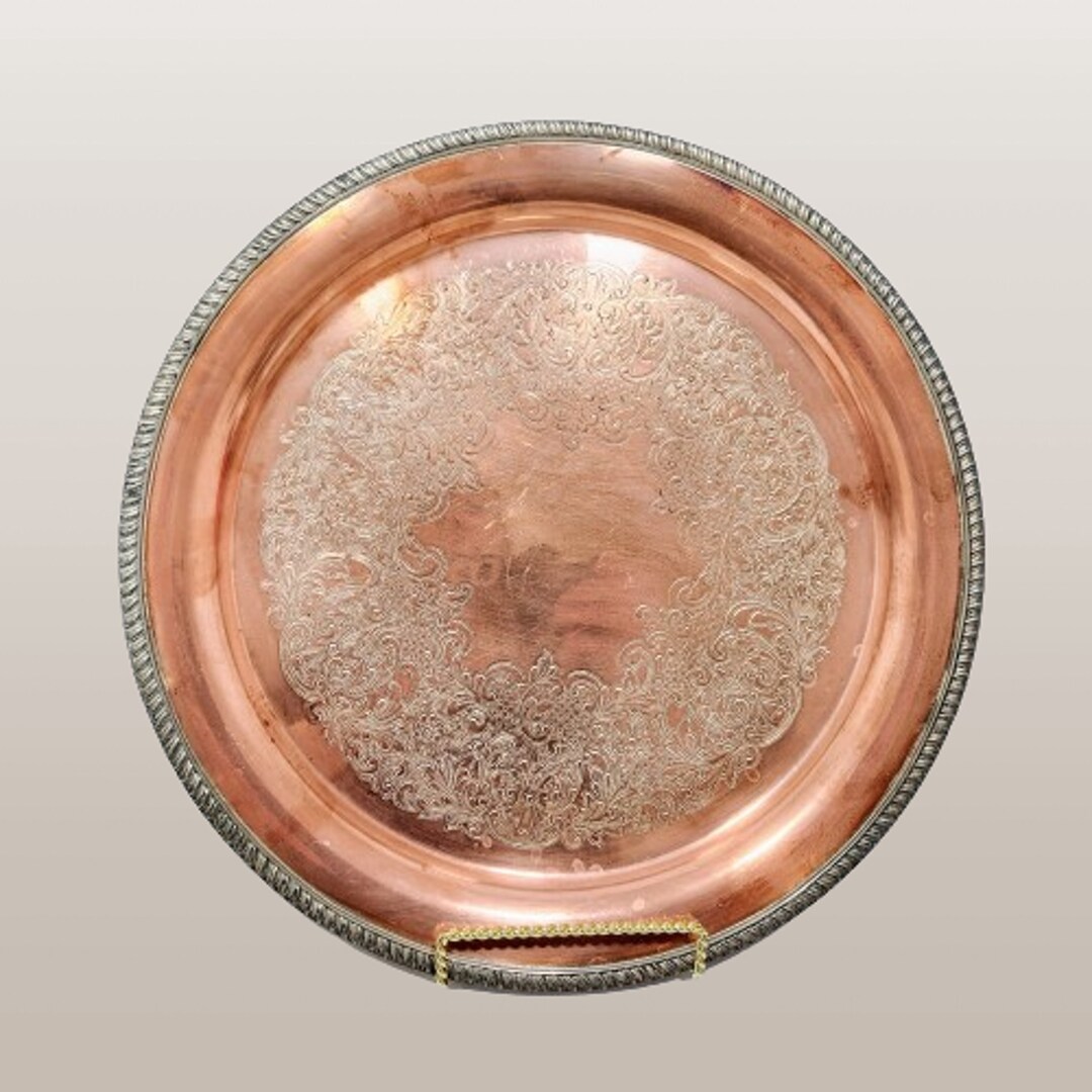 Vintage Copper Tray With Silver Edging, 13 1/2" Large Round Flat Tray ...