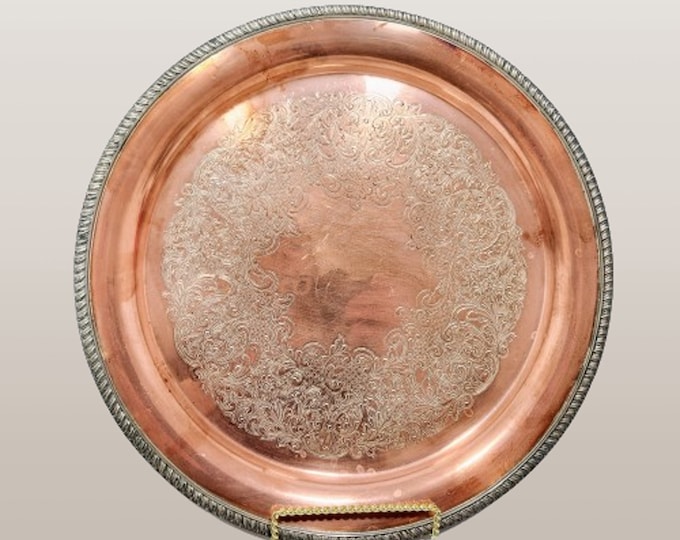 Vintage Copper Tray With Silver Edging, 13 1/2" Large Round Flat Tray ...