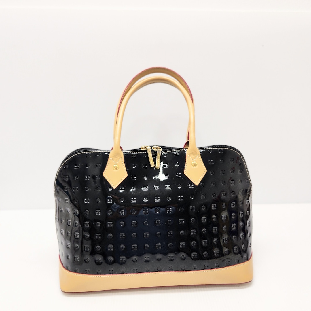 Arcadia Black Patent Leather Tote, Colour Block Purse 2 Handles, Top ...