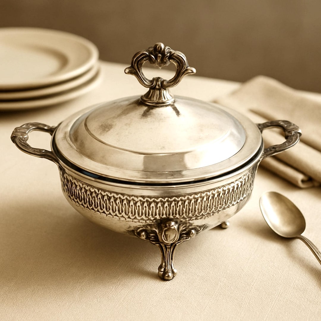 Vintage Silver Casserole Dish Wedding Buffet Piece Glass Insert Pyrex ...