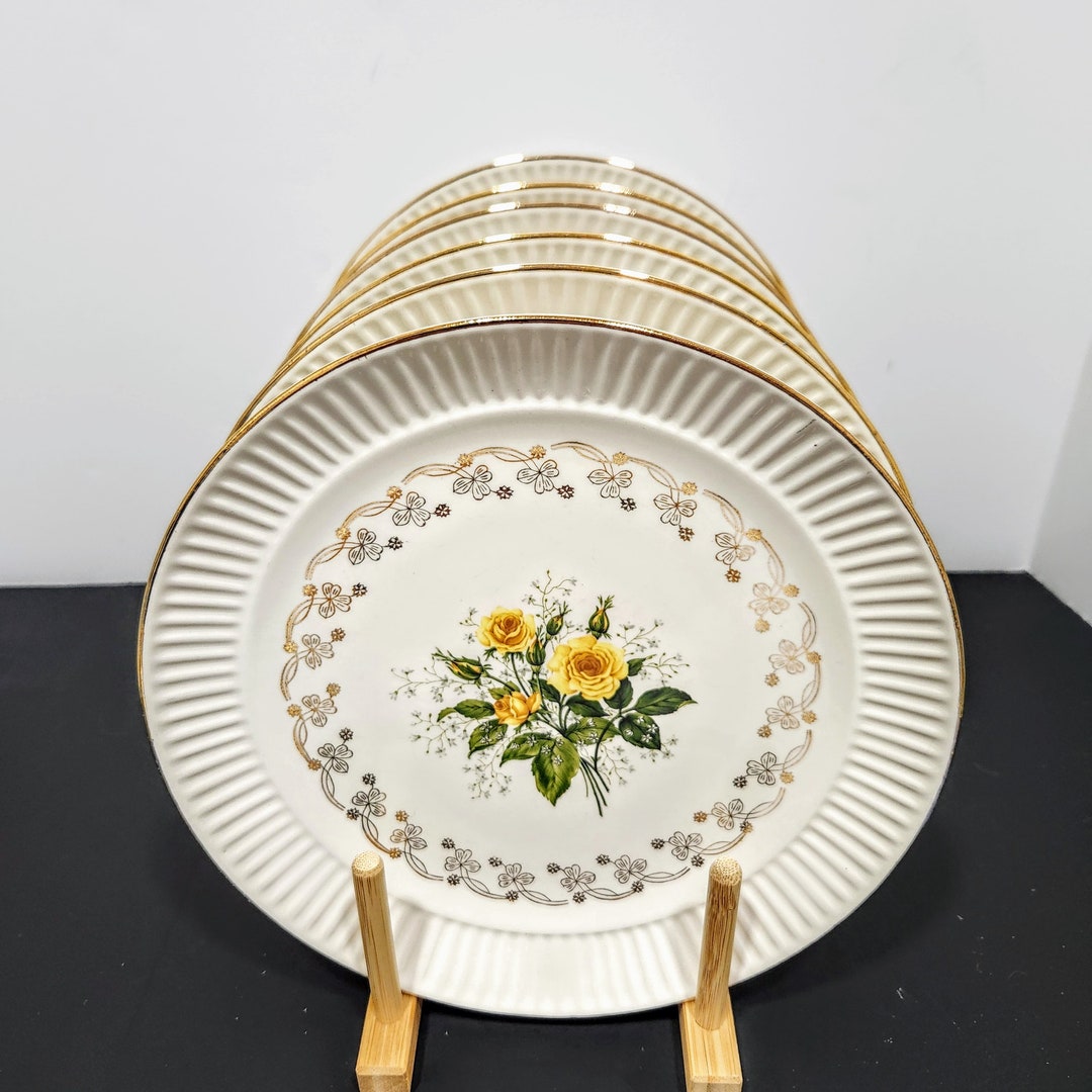 Vintage China Dinner Plates, Set of 6 Yellow Roses Centre, Filigree Rim ...