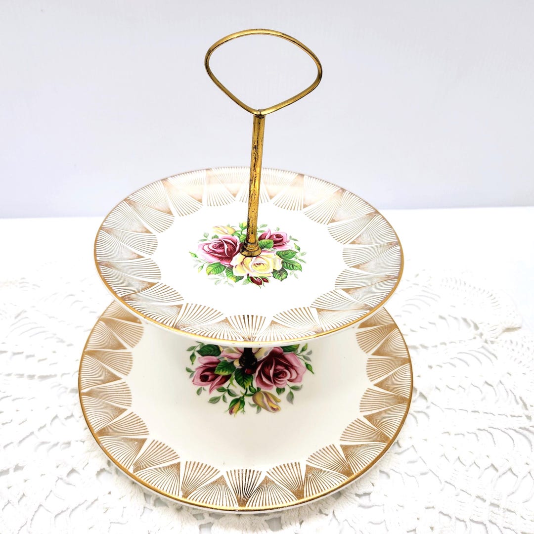 Vintage 2-tiered Cake Stand With Floral Rose Pattern and Gold Trim ...