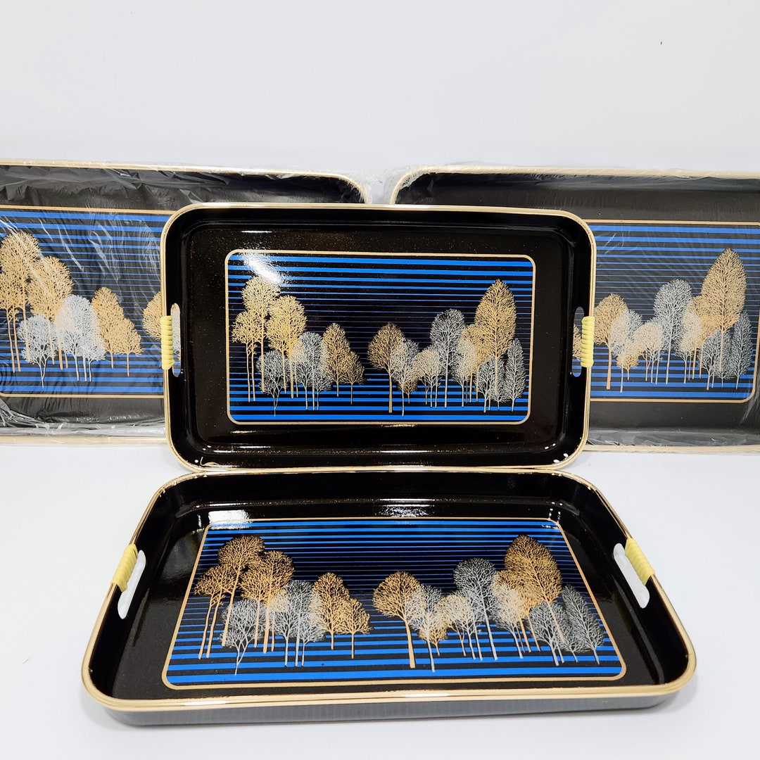 4 Piece Nested Lacquerware Tray Set in Blue and Gold, Nesting Trays ...