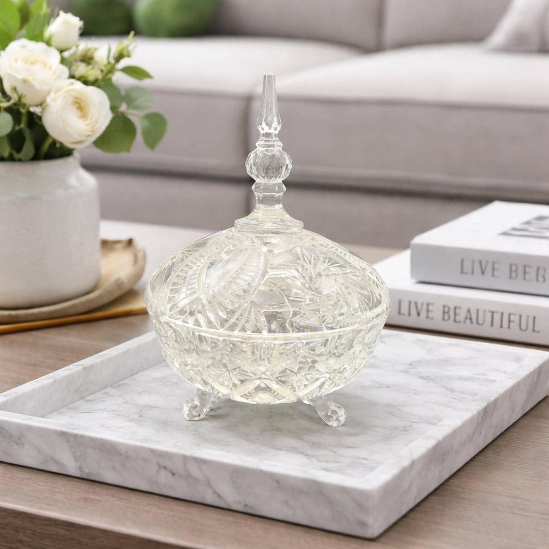 Vintage Crystal Dish Lidded Candy Bowl Decorative Vanity Storage ...