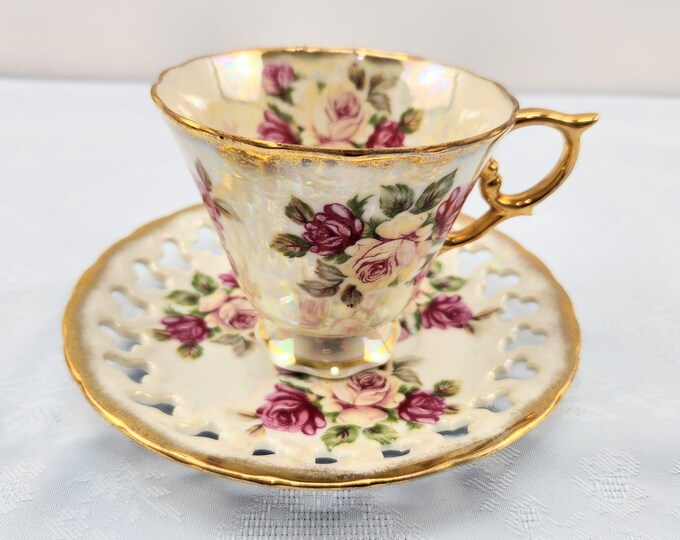 Vintage Japanese Teacup and Saucer, Iridescent Pink Roses and Gold ...