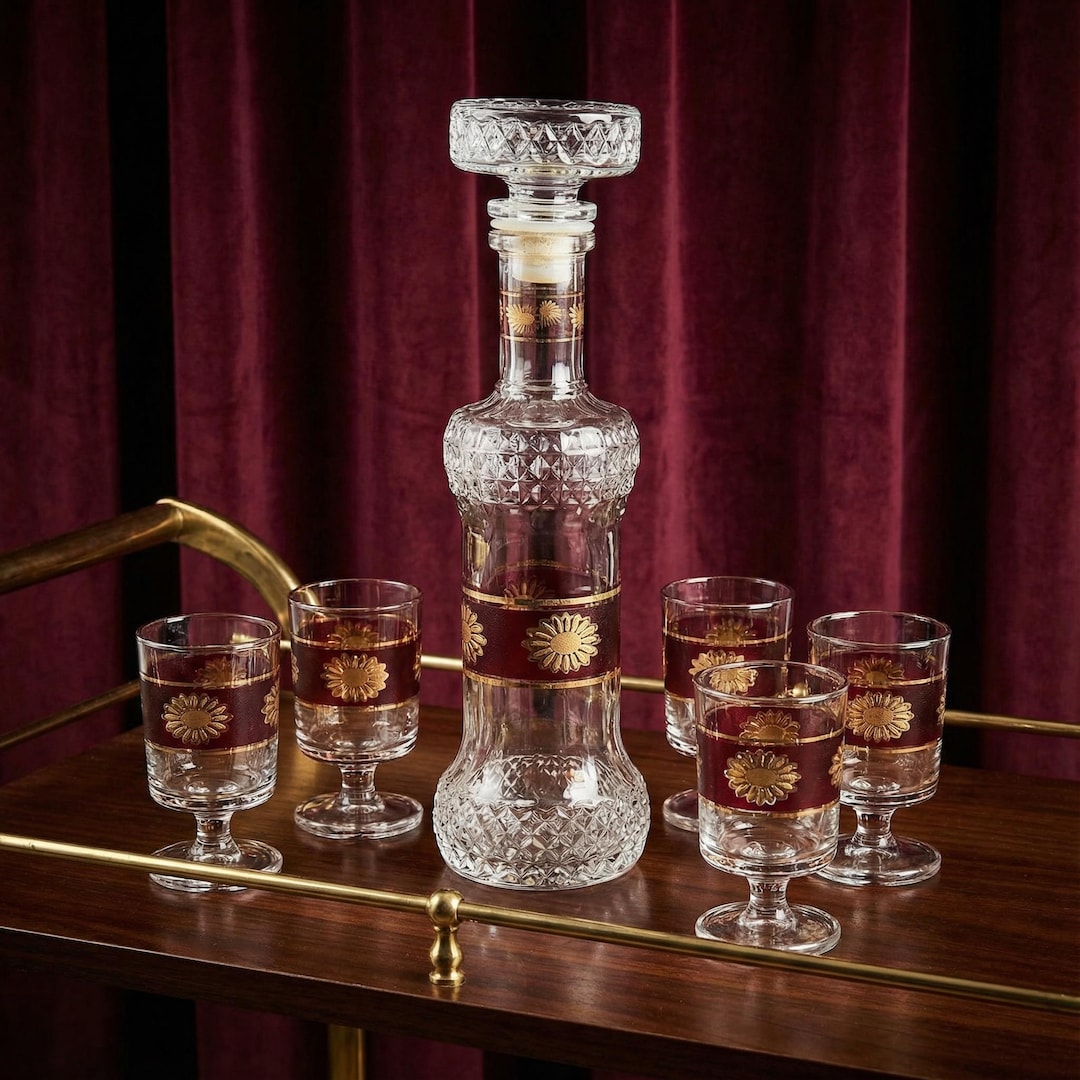 Vintage Bar Set Wine Decanter Burgundy Glass Sherry Wedding Party Drink ...