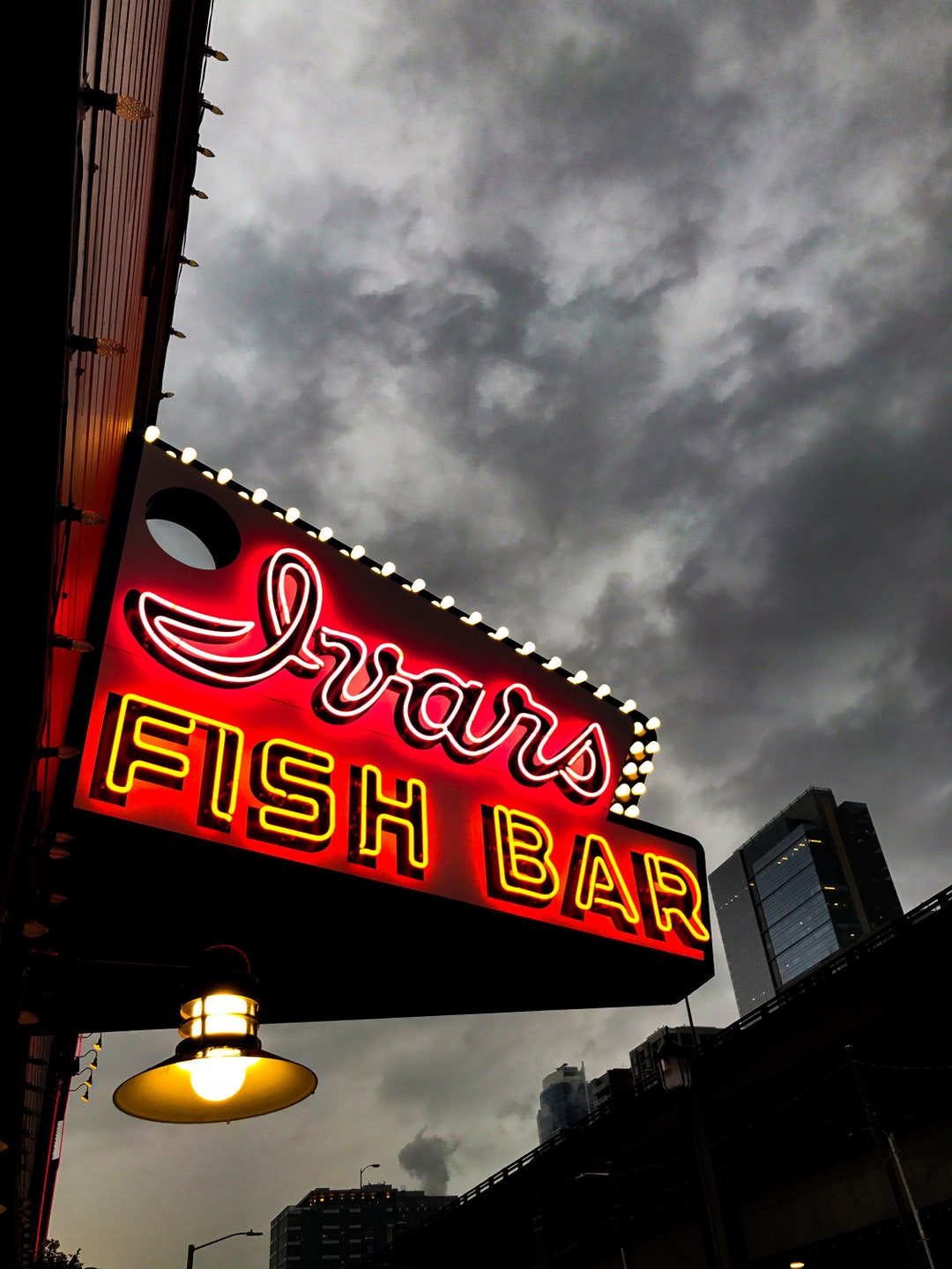 Seattle Washington Neon Lights Fish Bar Cityscape Night Time Dark Sky ...