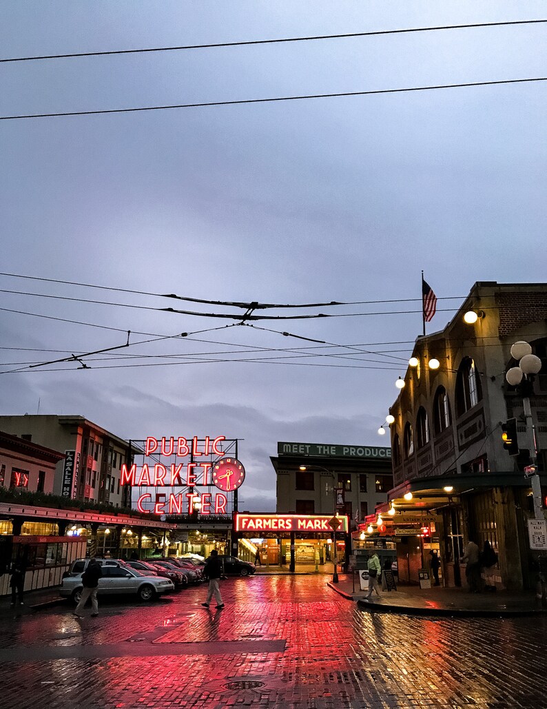 Pike Place Market Seattle Washington Neon Lights Night | Etsy