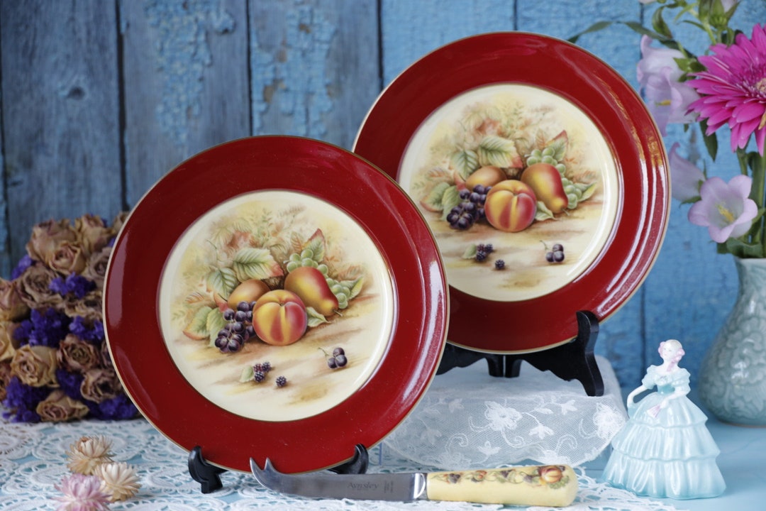 Aynsley Orchard Gold. A Pair of Red Maroon Plates With Butter Knife ...
