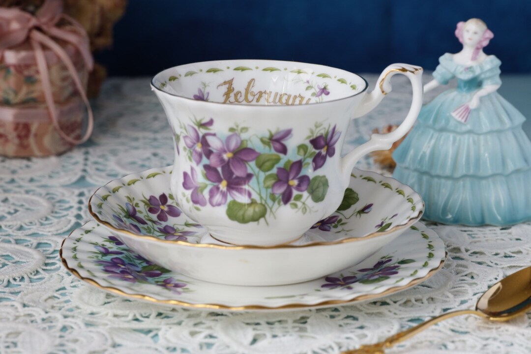 Royal Albert Flower of the Month FEBRUARY Violets Teaset Trio Cup and ...