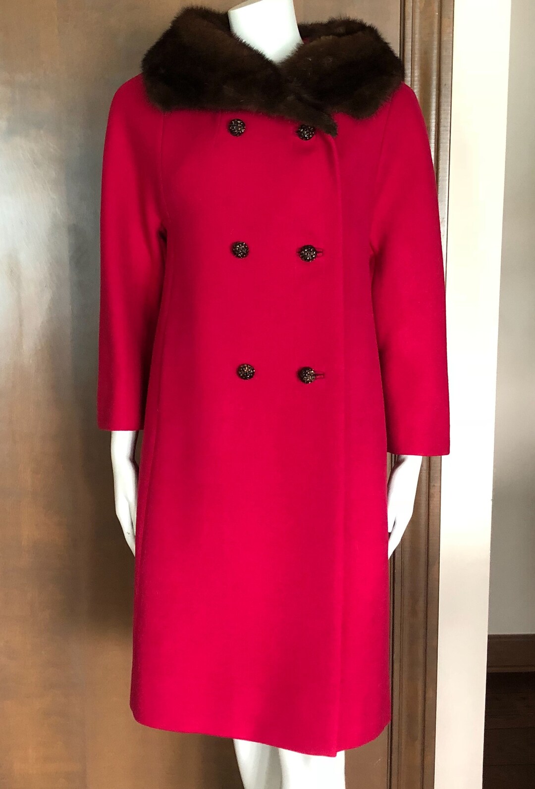1960s Coat Magenta Wool Coat With Fur Collar and Rhinestone Buttons - Etsy