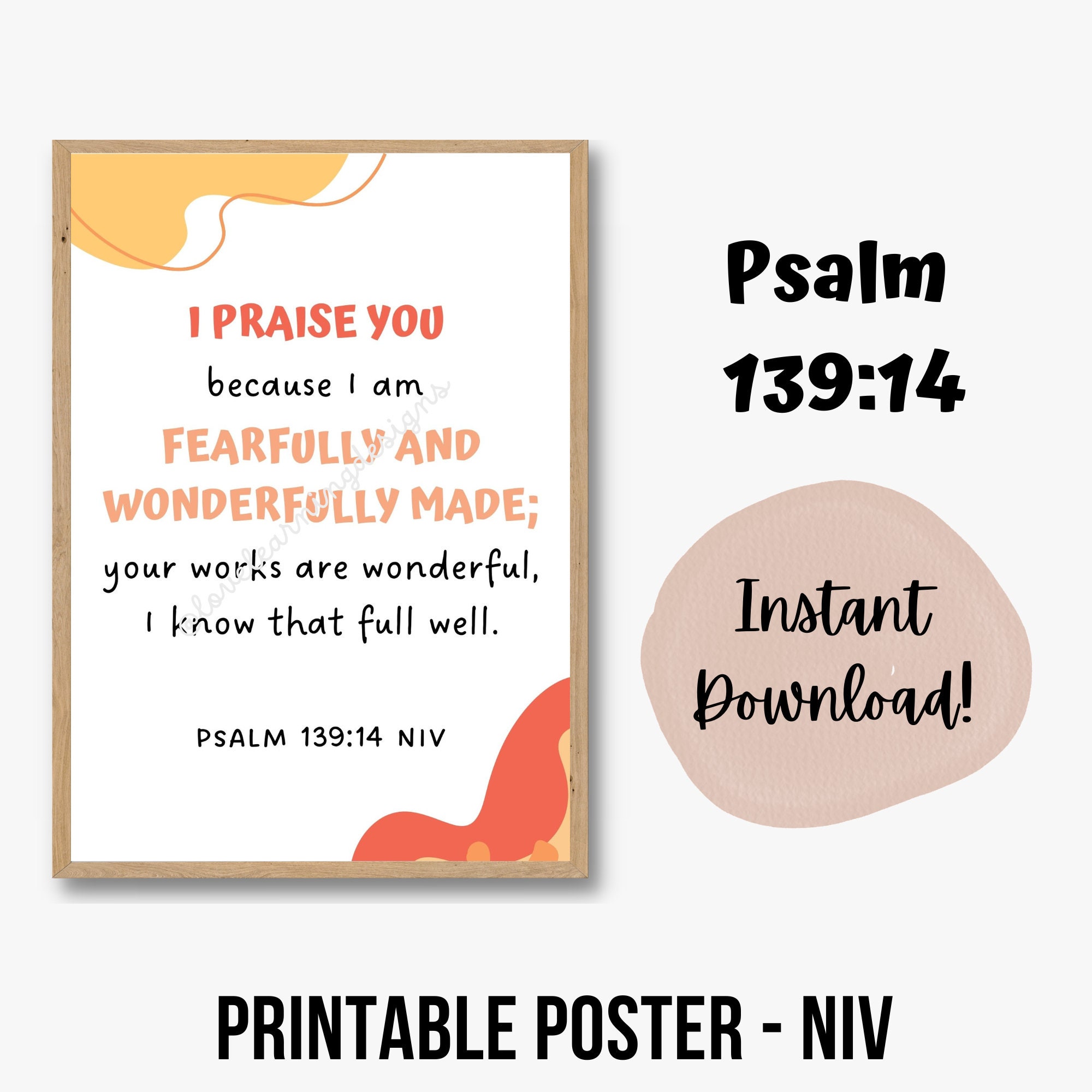 Bible Verse Wall Art for Kids, Psalm 139 14, Scripture Wall Art ...