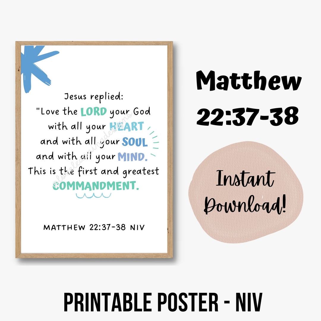 Scripture Printable Wall Art for Kids, Matthew 22:37-38, Bible Verse ...
