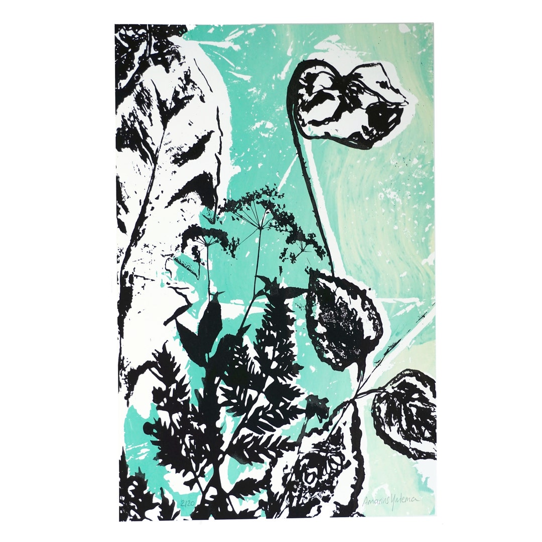 Dutch Native Flora Hand Printed Screenprint Art - A4 Turquoise & Black ...