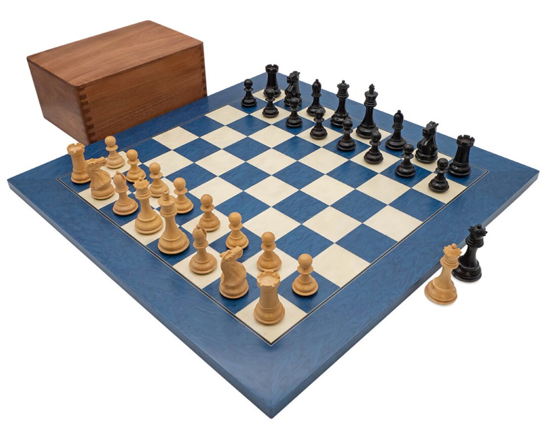 Blue and Black Wooden Chess Set: 3-inch King, Staunton Design With ...