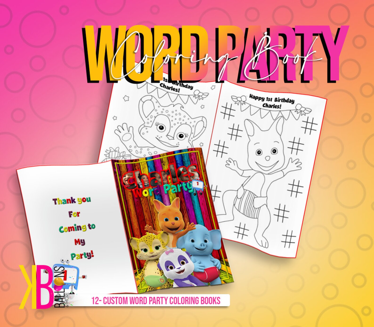 Custom Word Party Theme Coloring Books (12 Books)- Party Favors- Treats ...