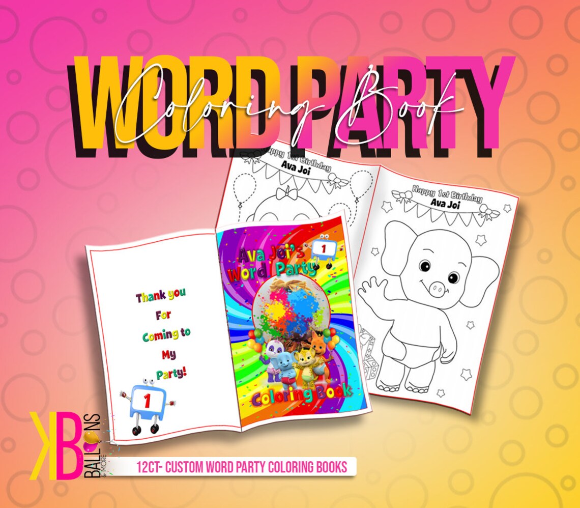 Custom Word Party Theme Coloring Books (12 Books)- Party Favors- Treats ...