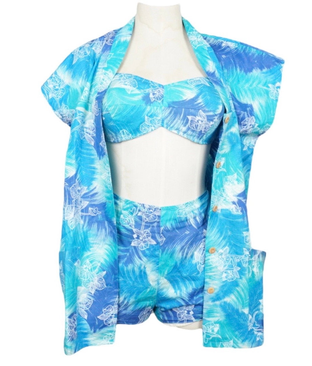 50s 60s Blue Hawaiian 3 Pc Swim Suit Vintage Floral Bathing Play Set - Etsy