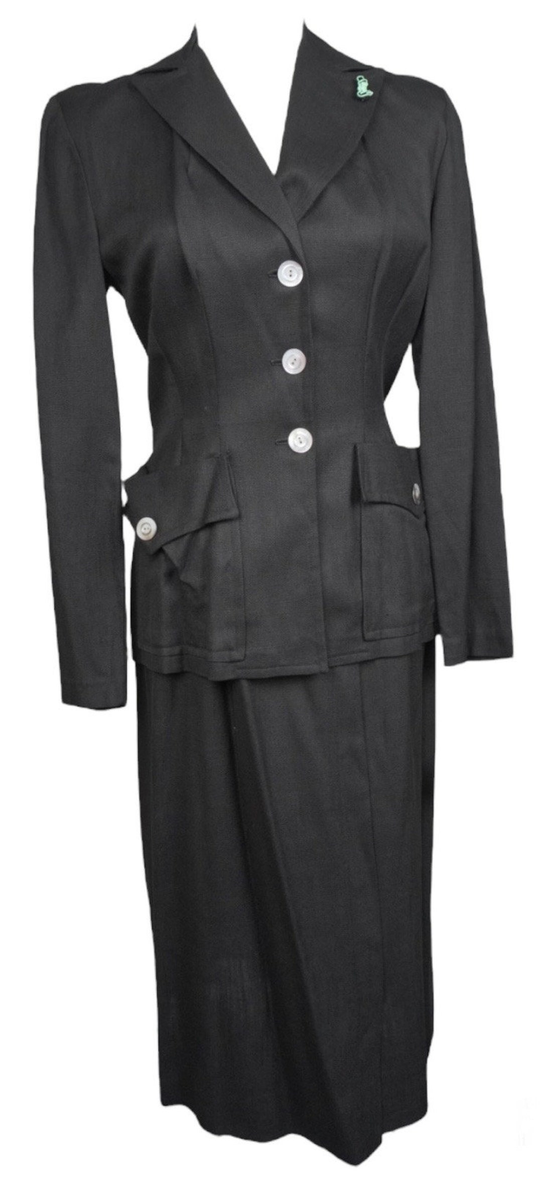 40s 50s Black Linen Belted Skirt Suit - Vintage Summer Fabric Jacket ...
