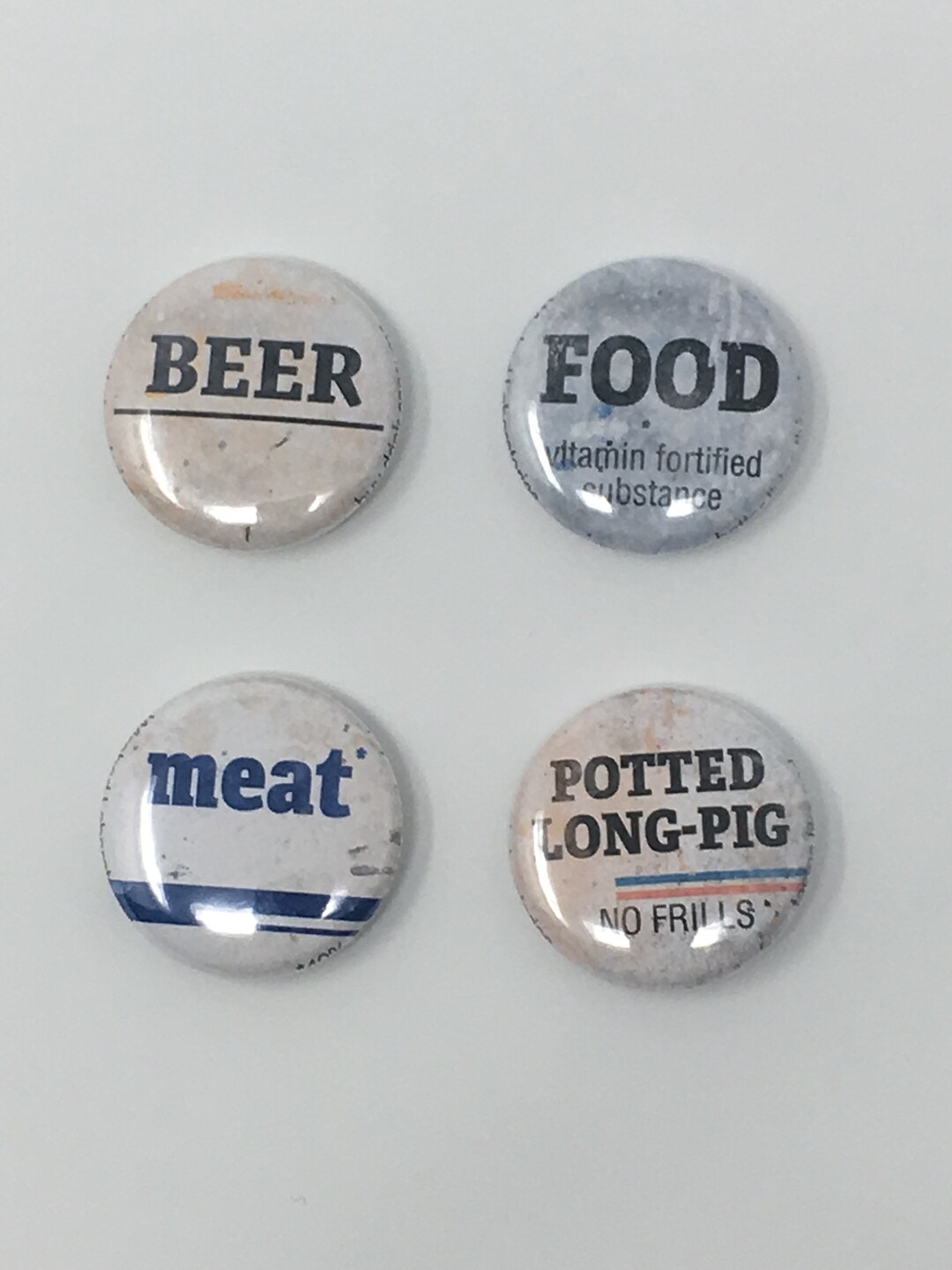 Retro Generic Food Pinback Button Set! "potted Long-pig" | BEER | Meat ...