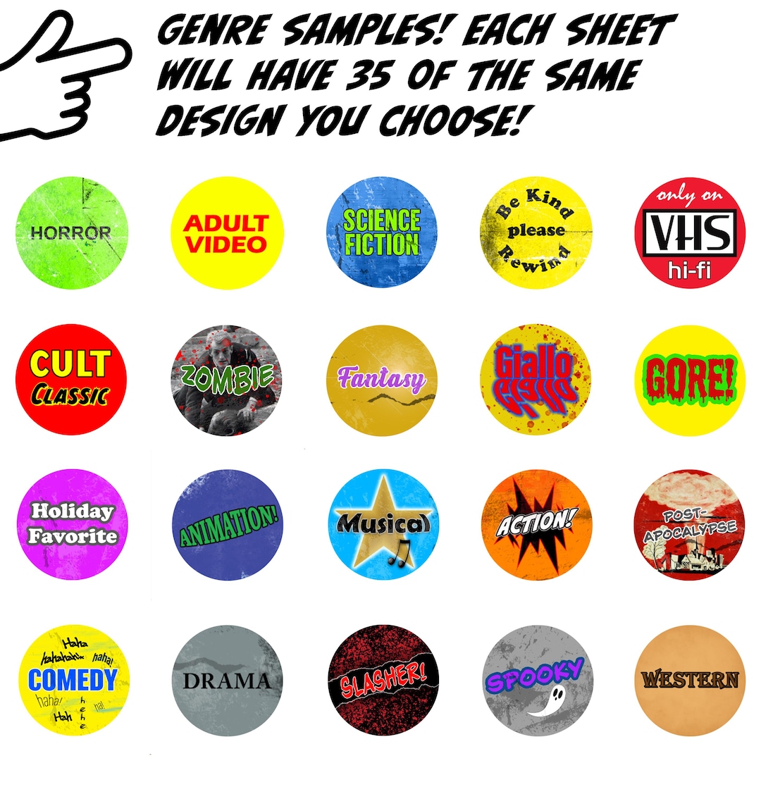 Retro Genre VHS | DVD Sticker Sheets! 1 Sheet of Thirty-five (35) 3/4 ...