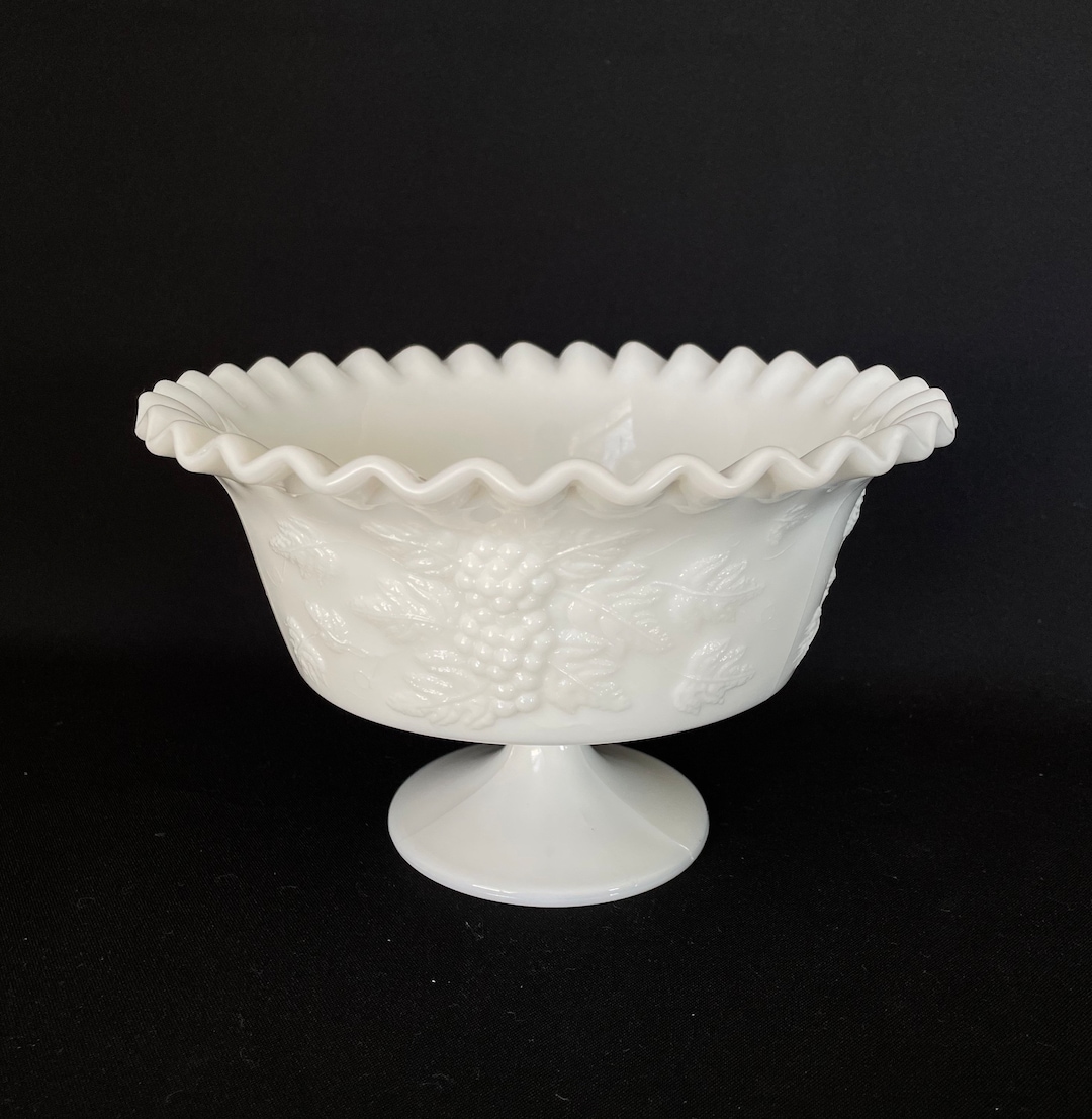 Heavy Vintage Milkglass Grape Pattern Footed Bowl / Compote / Planter ...