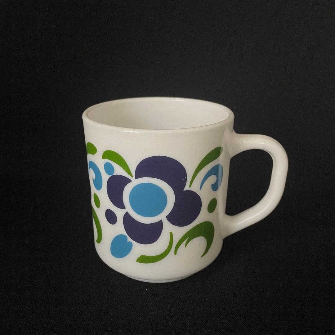RARE Vintage Mid Century Arcopal White Milk Glass 9oz Mug With Blue and ...