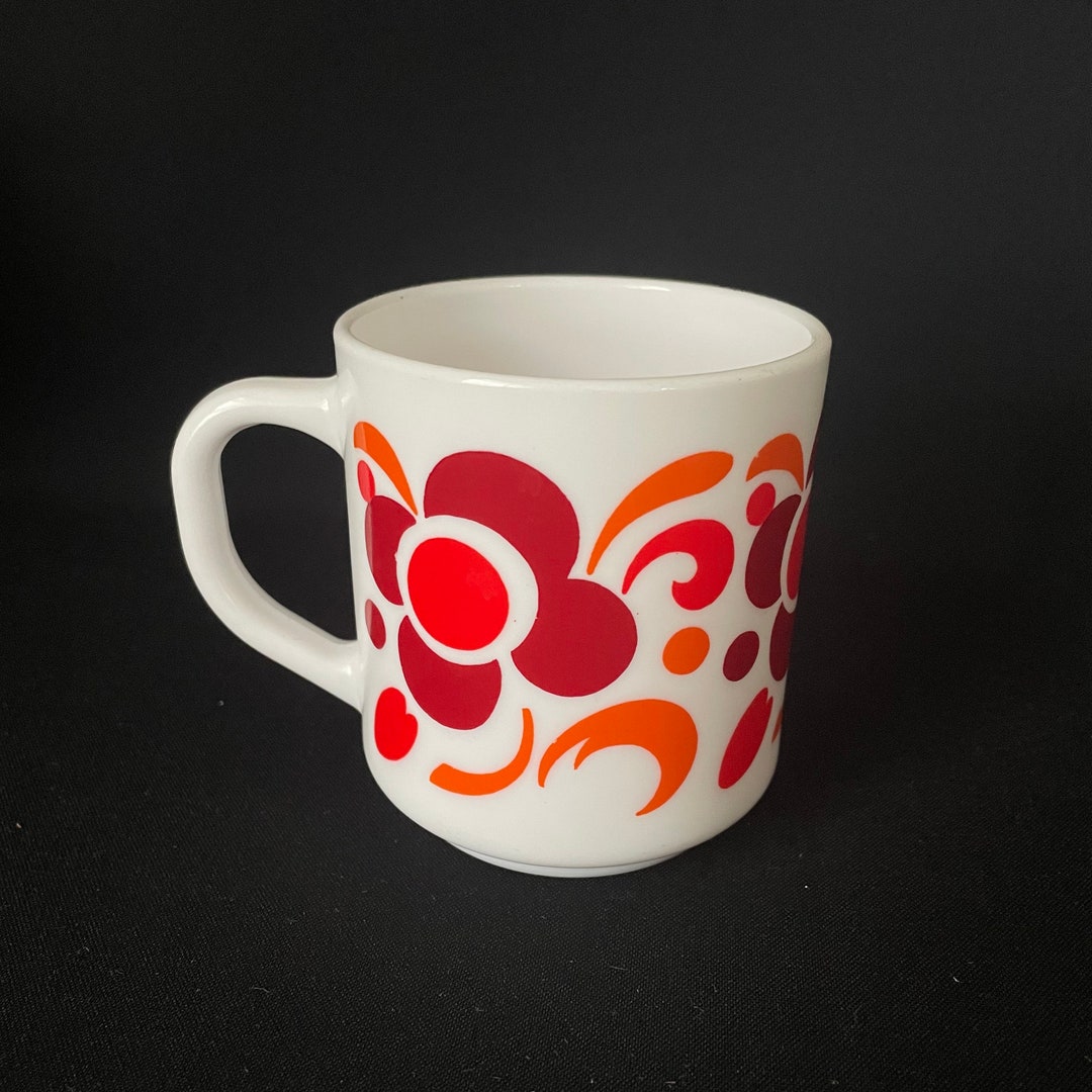 RARE Vintage Mid Century Arcopal White Milk Glass 9oz Mug With Red and ...