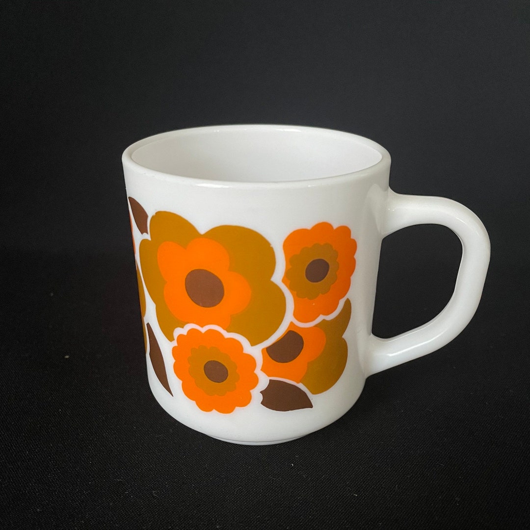 RARE Vintage ARCOPAL White Milk Glass 9oz Mug With Brown & - Etsy