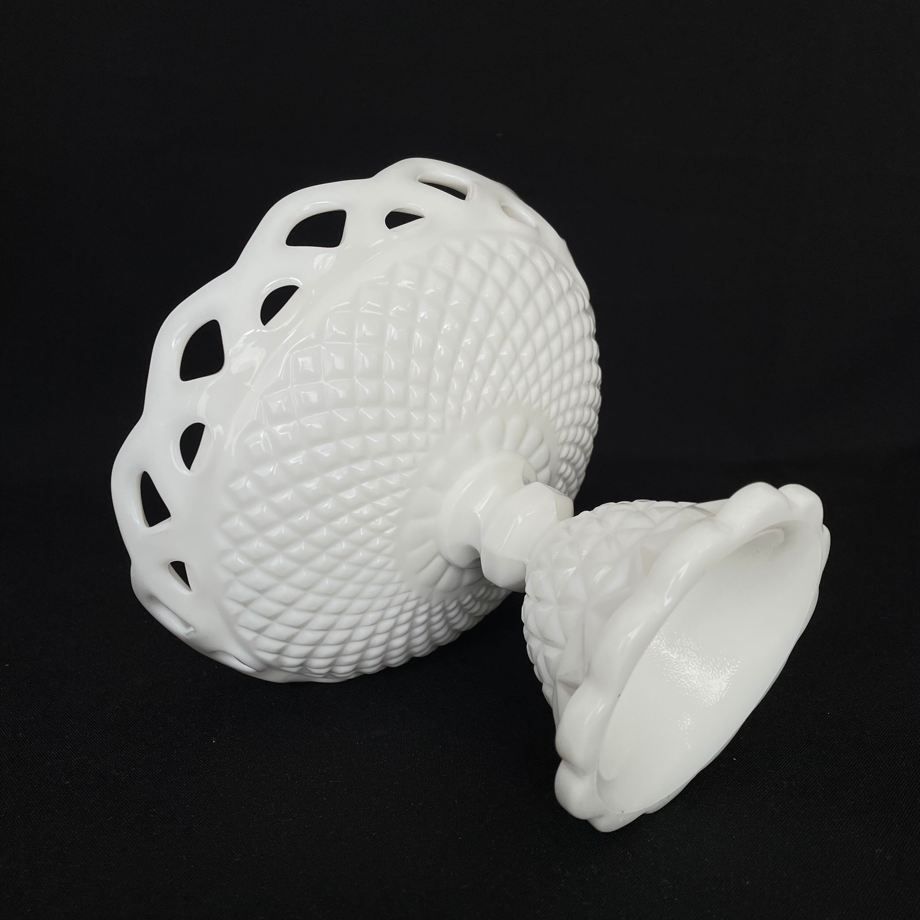 RARE - Vintage Milk Glass Reticulated Rim Diamond Point Footed Compote ...