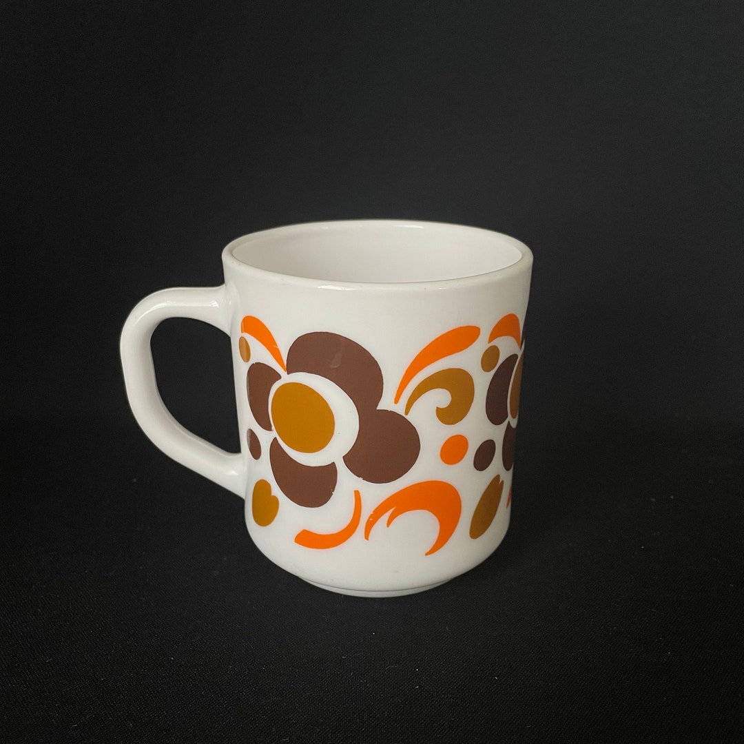 RARE Vintage Mid Century Arcopal White Milk Glass 9oz Mug With Brown ...