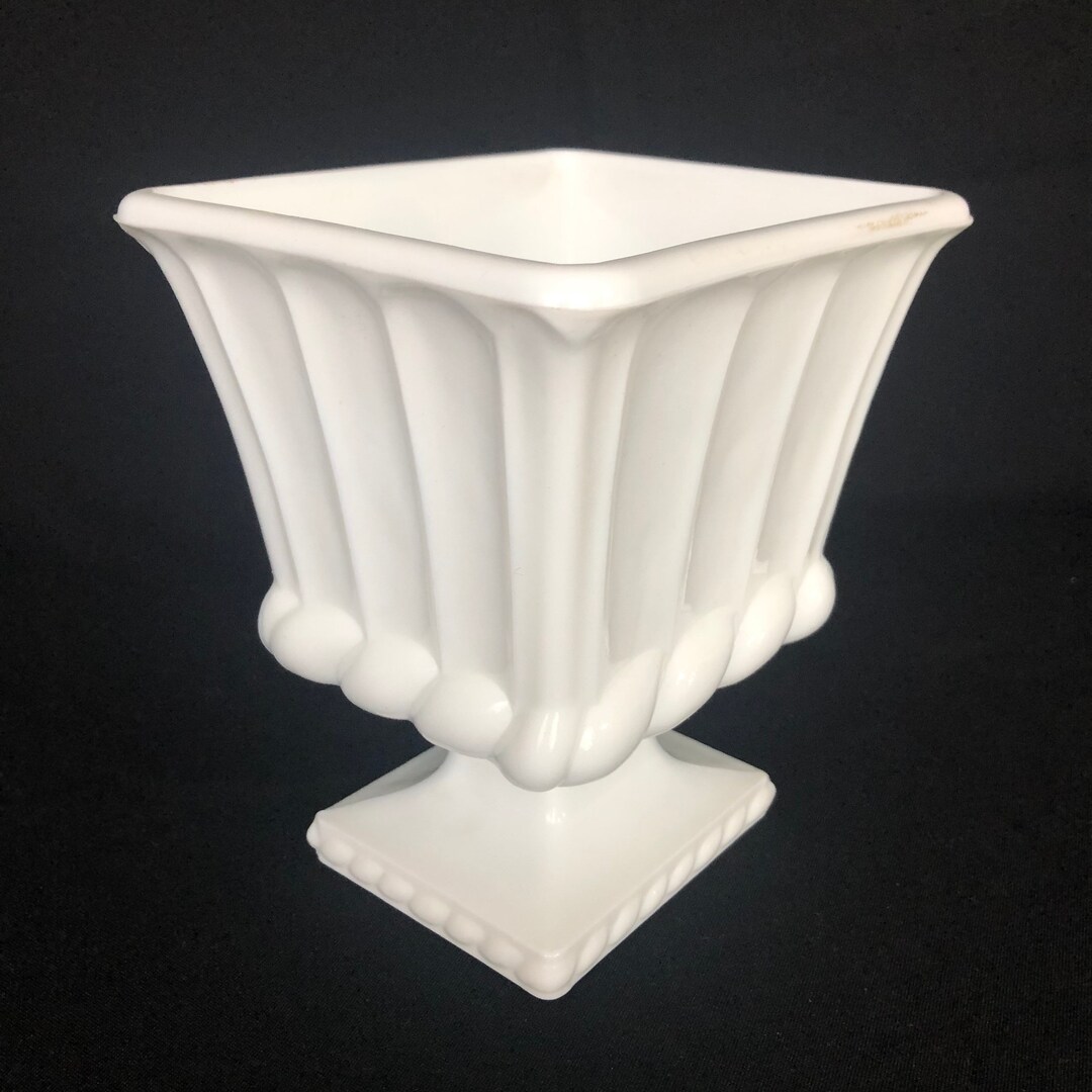 Vintage Milk Glass Rectangular Panelled Pedestal Planter With Stylized ...