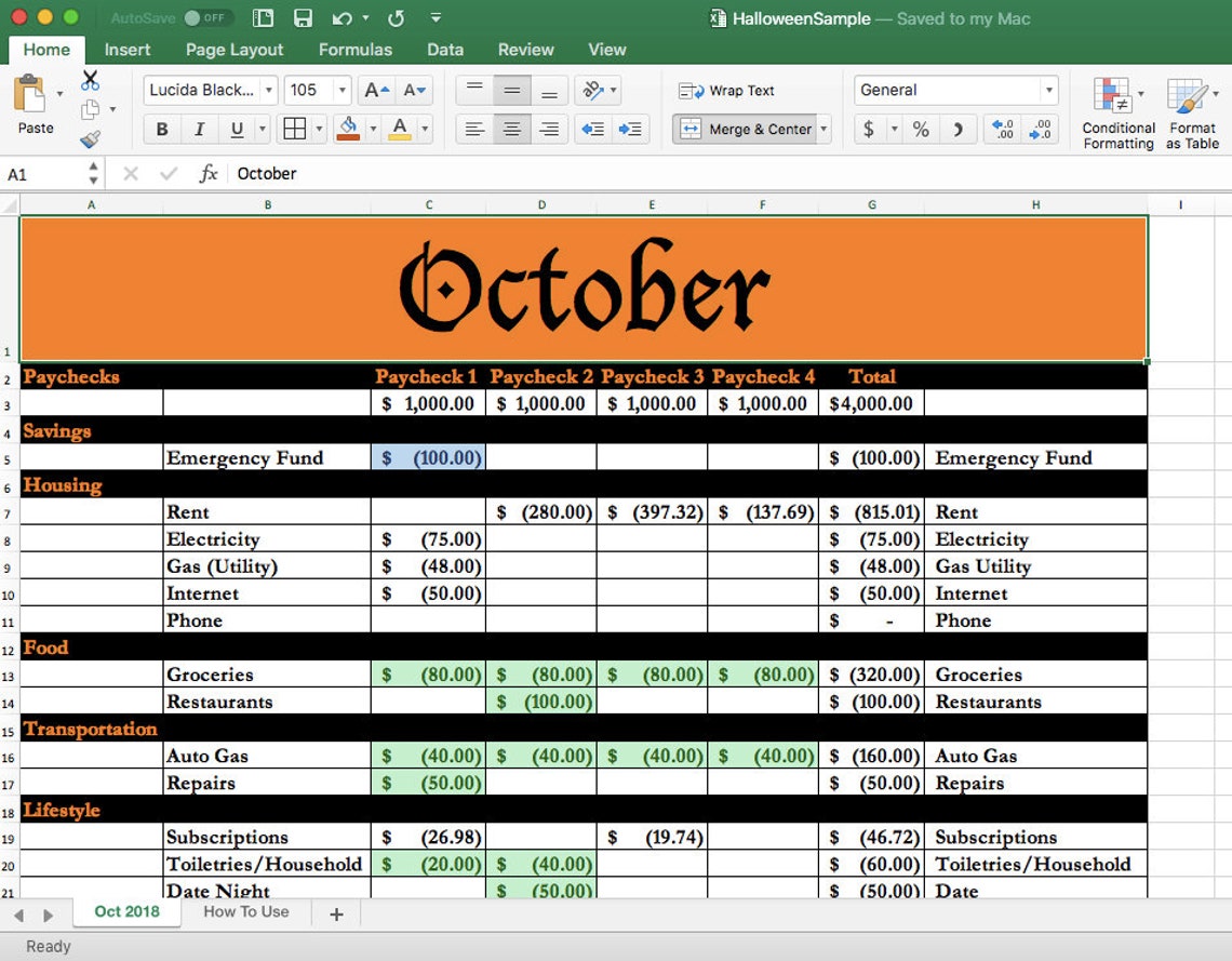 Halloween Themed Allocated Budget Excel Template | Etsy