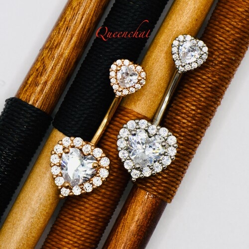 Cz Heart Prong Set Surgical Steel Belly Bar Navel Ring Etsy