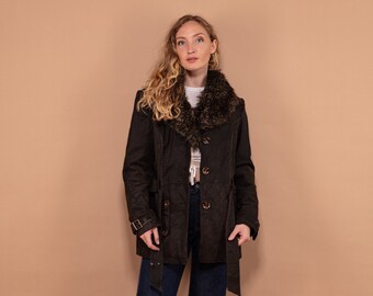 Vintage Brown Suede Coat 90's, Size Large, Faux Fur Collar Autumn Coat, Women Suede Peacoat ...