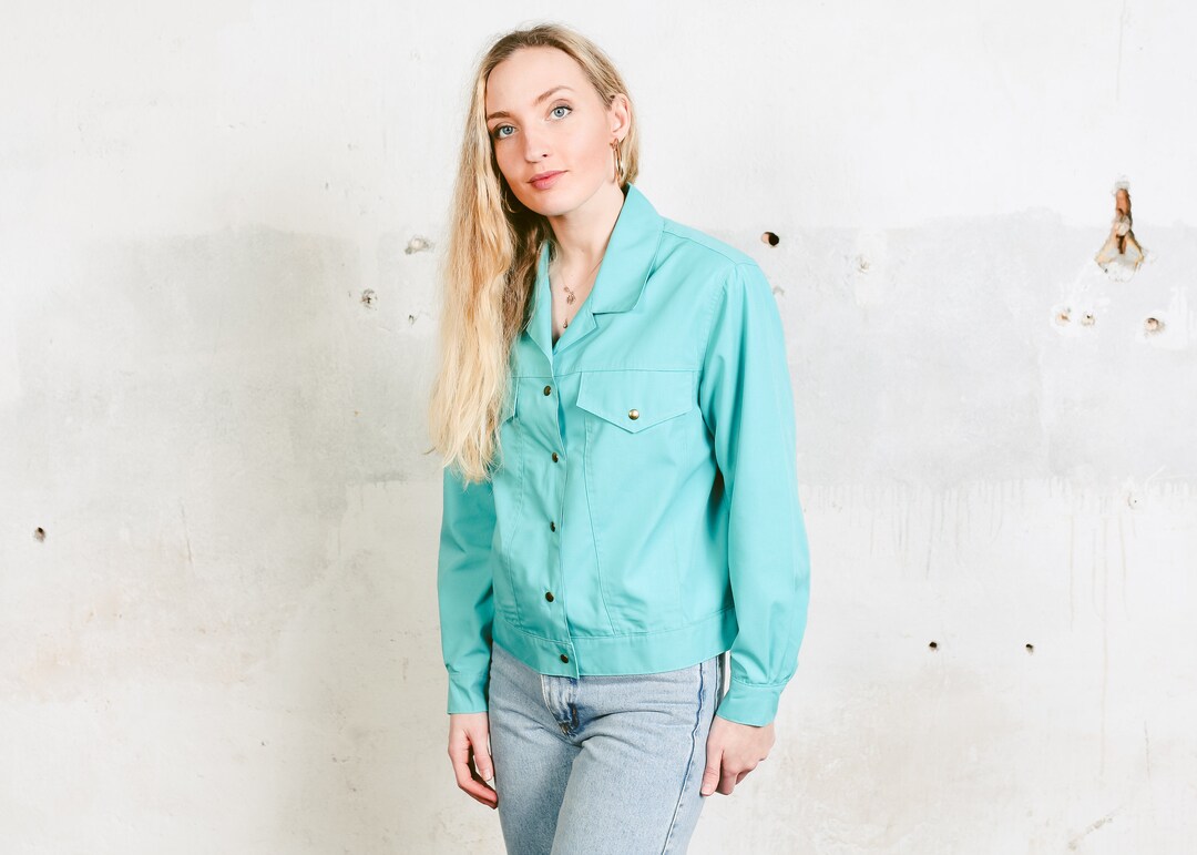 70s Bomber Jacket . Vintage Retro Jacket Turquoise Blue Crop - Etsy