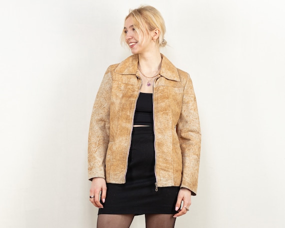 Distressed Suede Jacket 90's vintage womens beige bla… - Gem