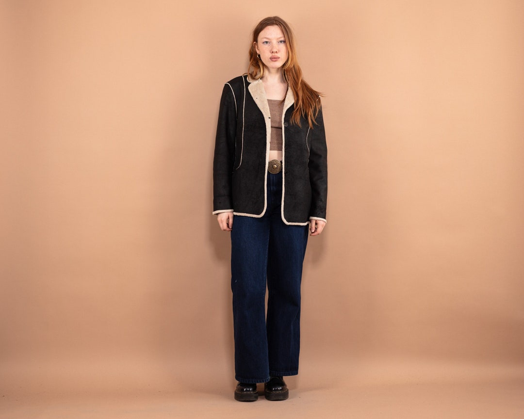 Black Sherpa Jacket 00's, Size L Large, Faux Sheepskin Jacket, Casual ...